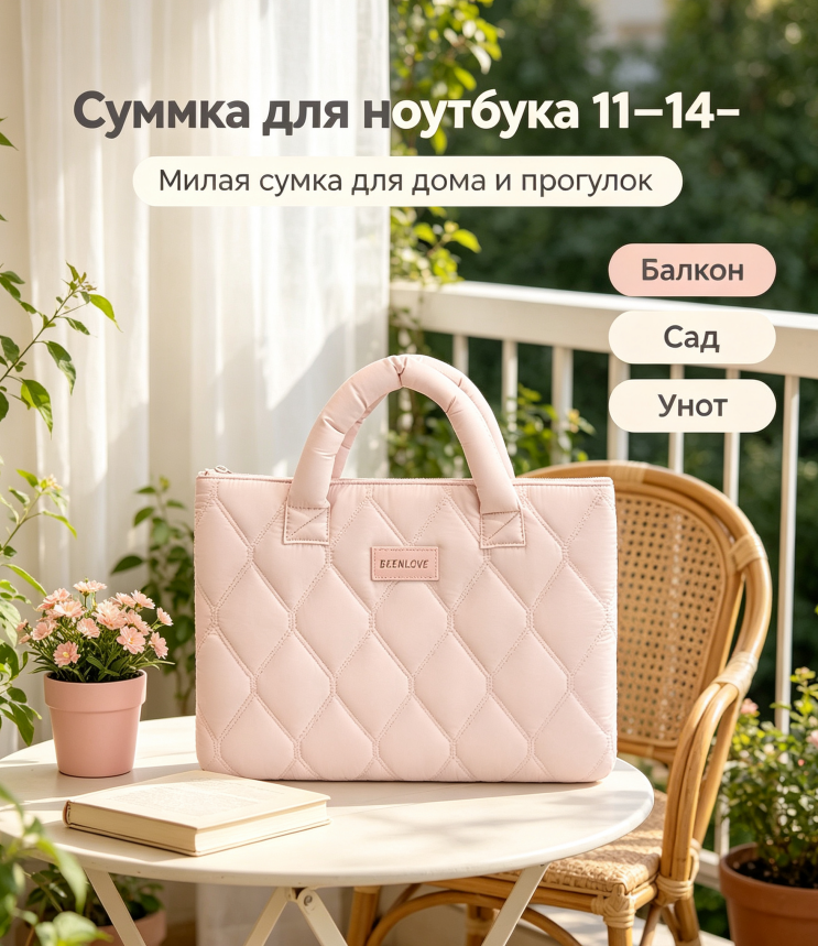 Мягкая сумка для ноутбука 11‑14 дюймов, стеганая, амортизирующая, ручная сумка для работы и учёбы