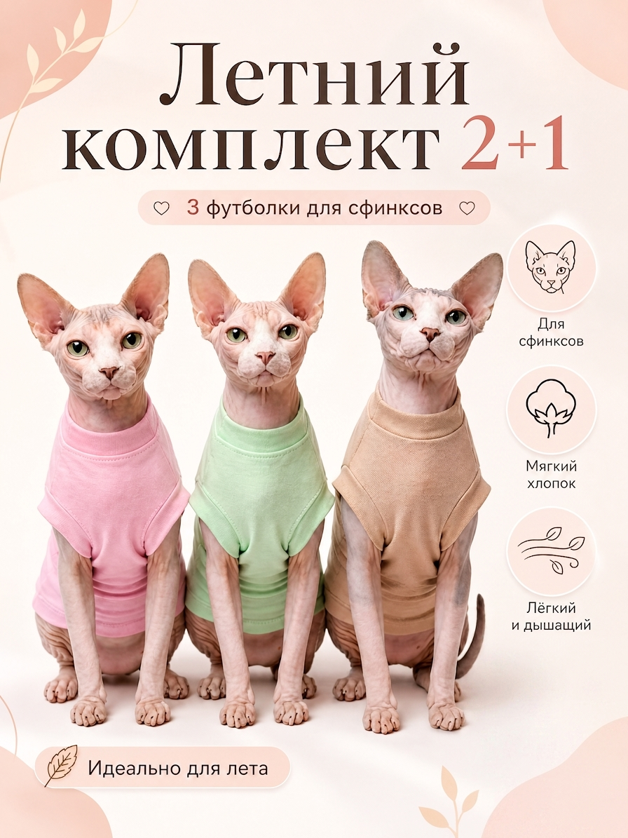 Летний комплект одежды для кошек породы "Сфинкс" из 100% хлопка (Размер 35)