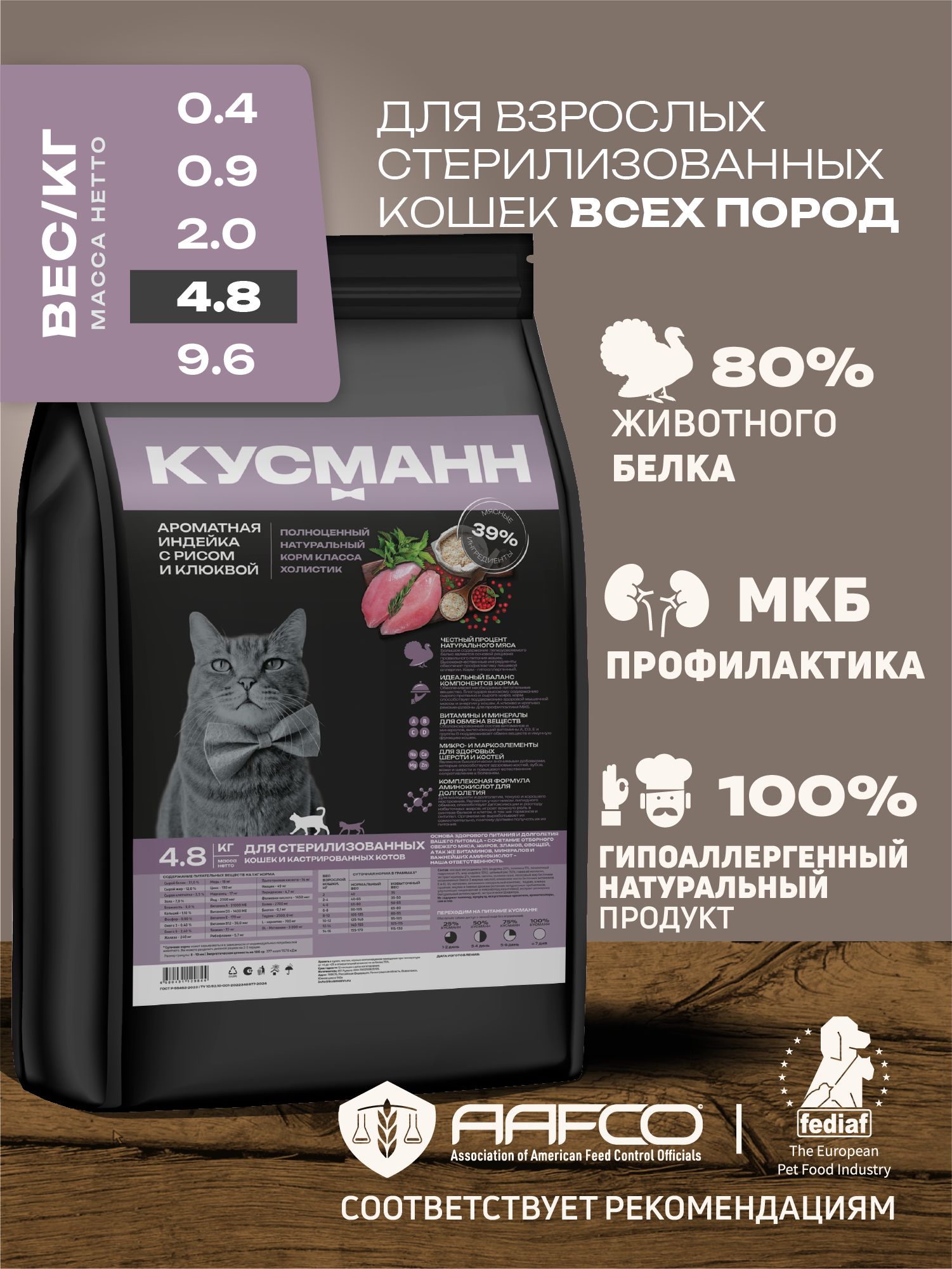 Корм сухой кусманн Холистик Ароматная Индейка с Рисом и Клюквой для стерилизованных кошек и кастрированных котов гипоаллергенный, супер премиум, профилактика МКБ 4,8 кг