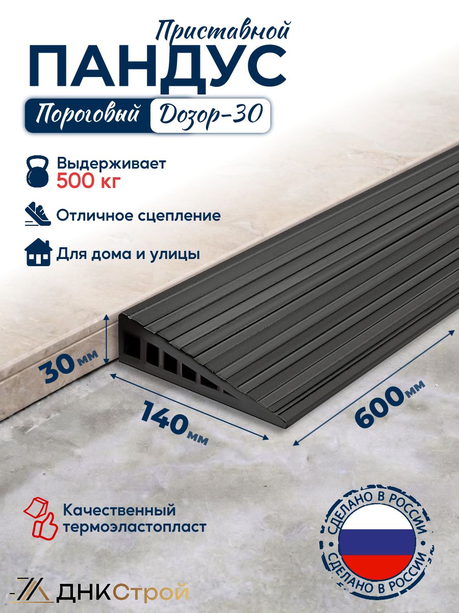 Пандус резиновый пороговый 30 мм высота, рампа приставная противоскользящая, 60 см длина, черный