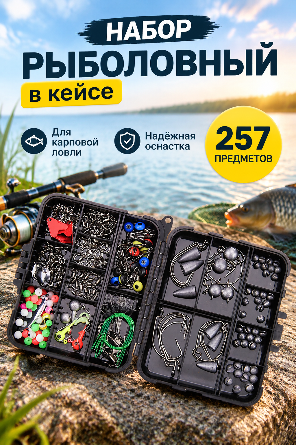 Комплект рыболовной оснастки для карповой ловли, 257 предметов в кейсе