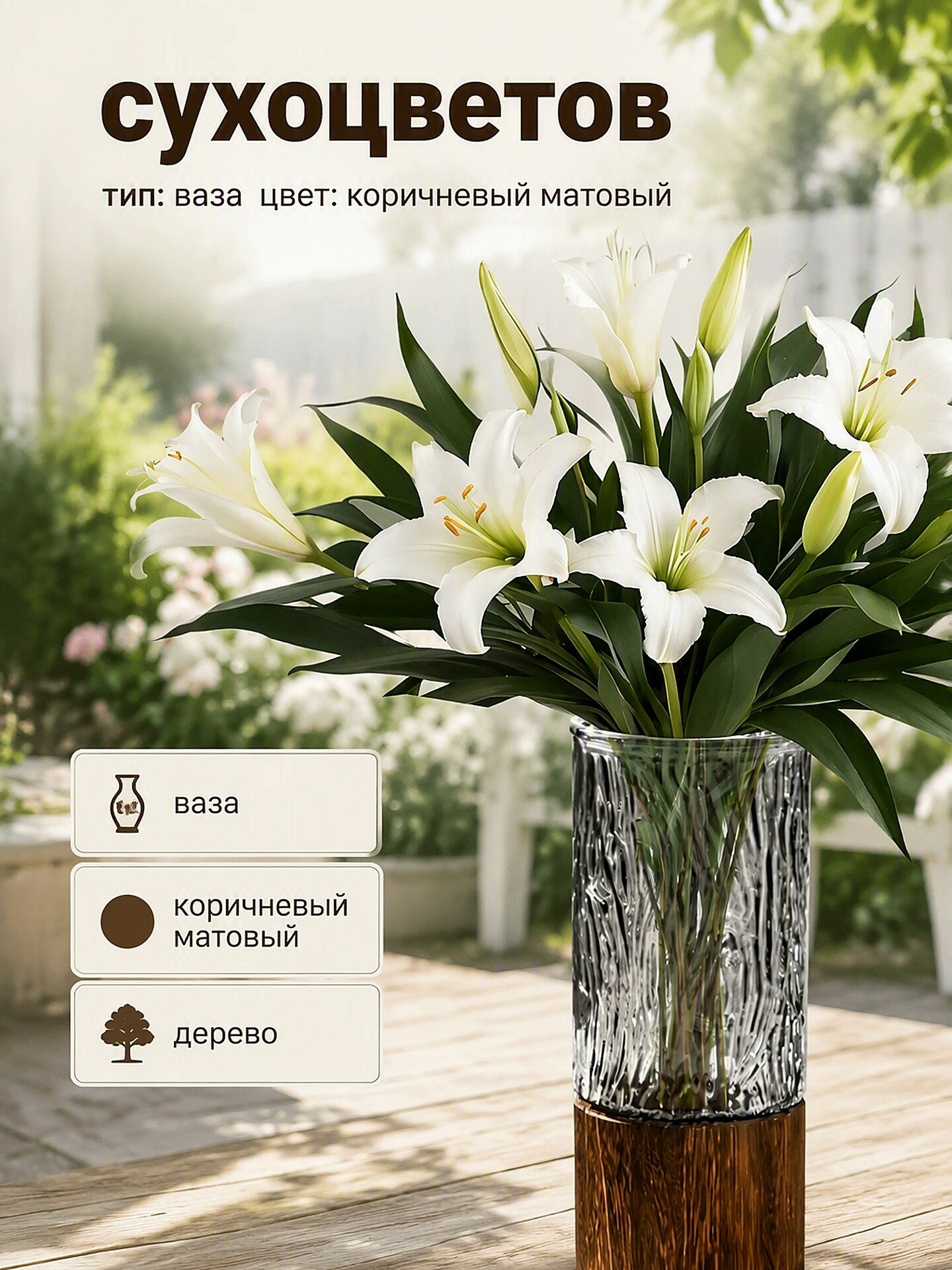 Ваза MIME, для сухоцветов и цветов, стекло, коричневая, матовая, высота 25см