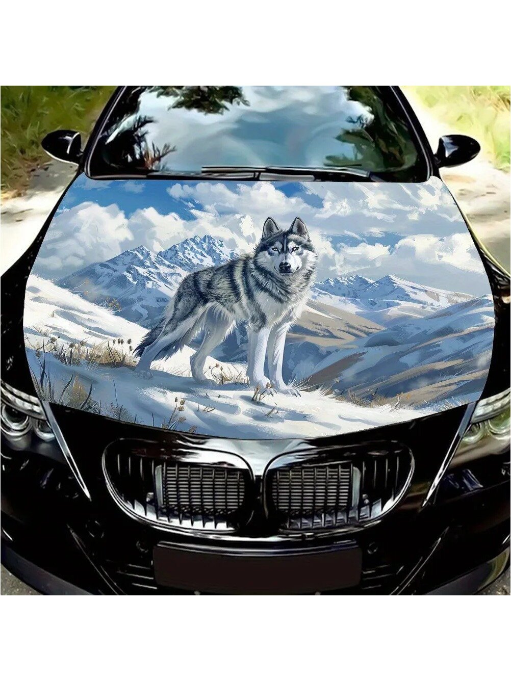 Автомобильная наклейка на капот 100*150 см, хаски в снежных горах
