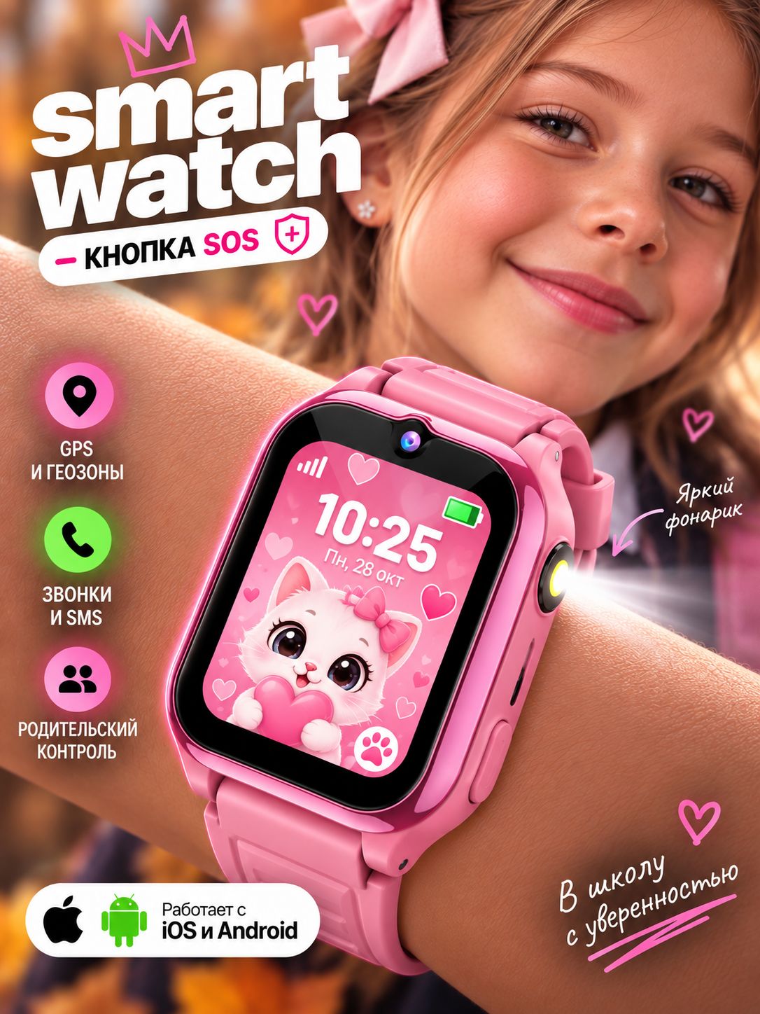Смарт часы детские с сим картой 4g / Умные smart watch для девочки с кнопкой SOS