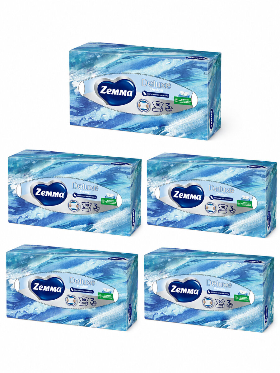 Салфетки бумажные косметические Zewa / Zemma Deluxe Дизайн,90 шт, 5 пачек