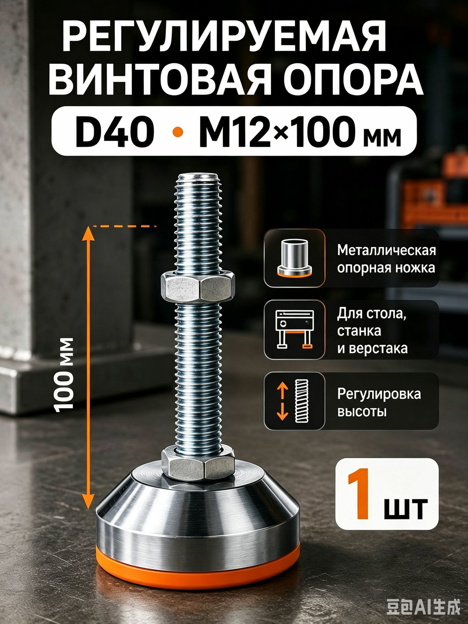 Регулируемая винтовая опора M12x100 D40 для стола станка и верстака регулировка высоты