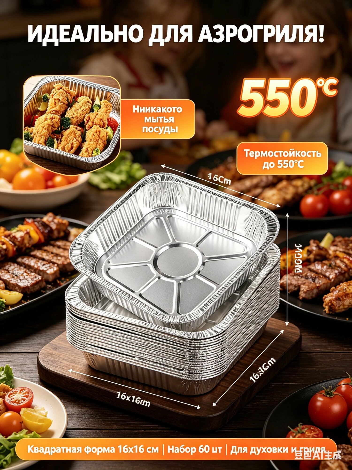 Форма для запекания 60 яч. 15.98 см x 15.97 см 60 шт фольгированный пвх прямоугольная антипригарное покрытие серый