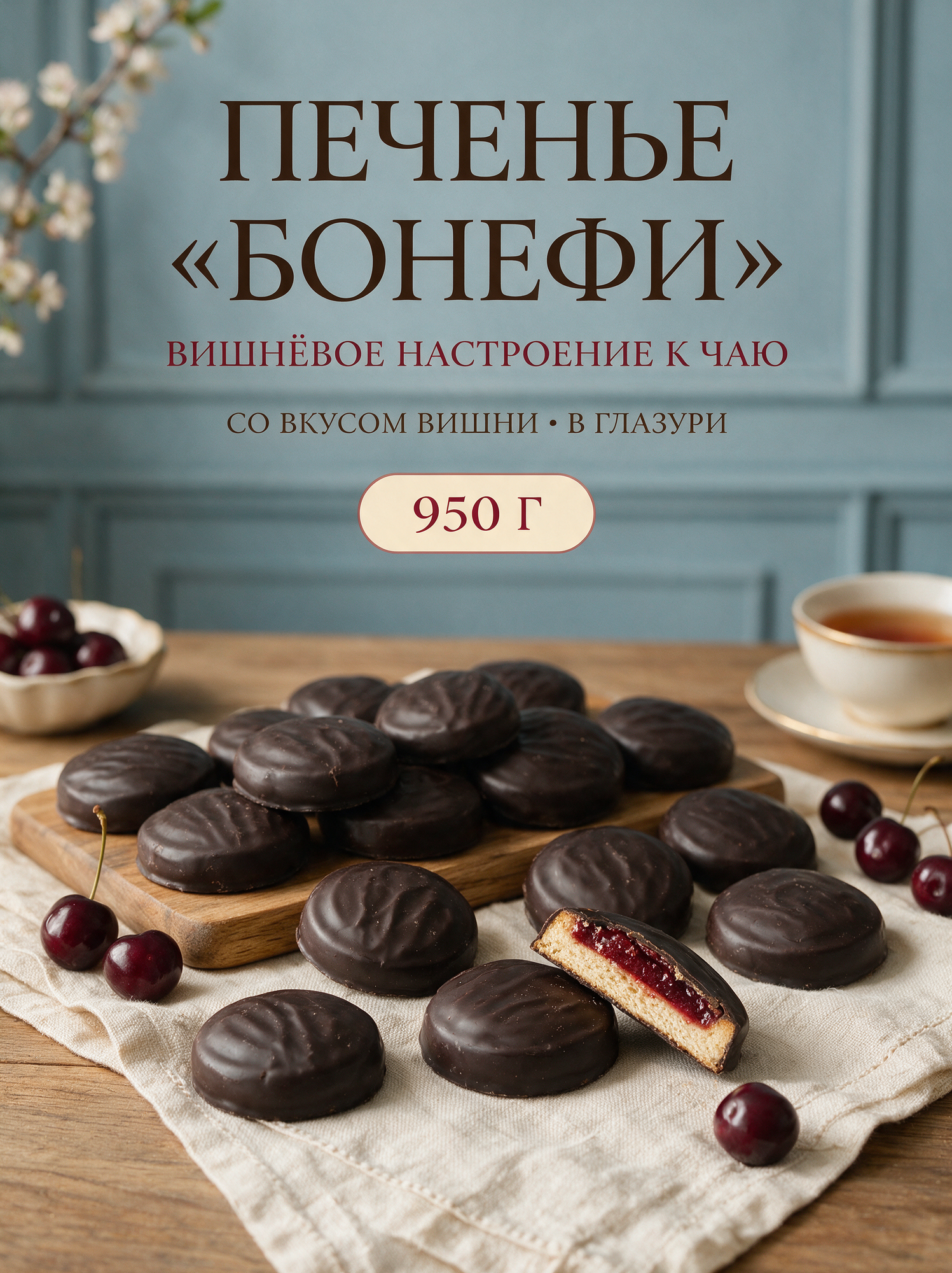 Печенье Бонефи со вкусом вишни Остров Изобилия 0,95 кг, сахарное печенье с фруктовой начинкой в глазури