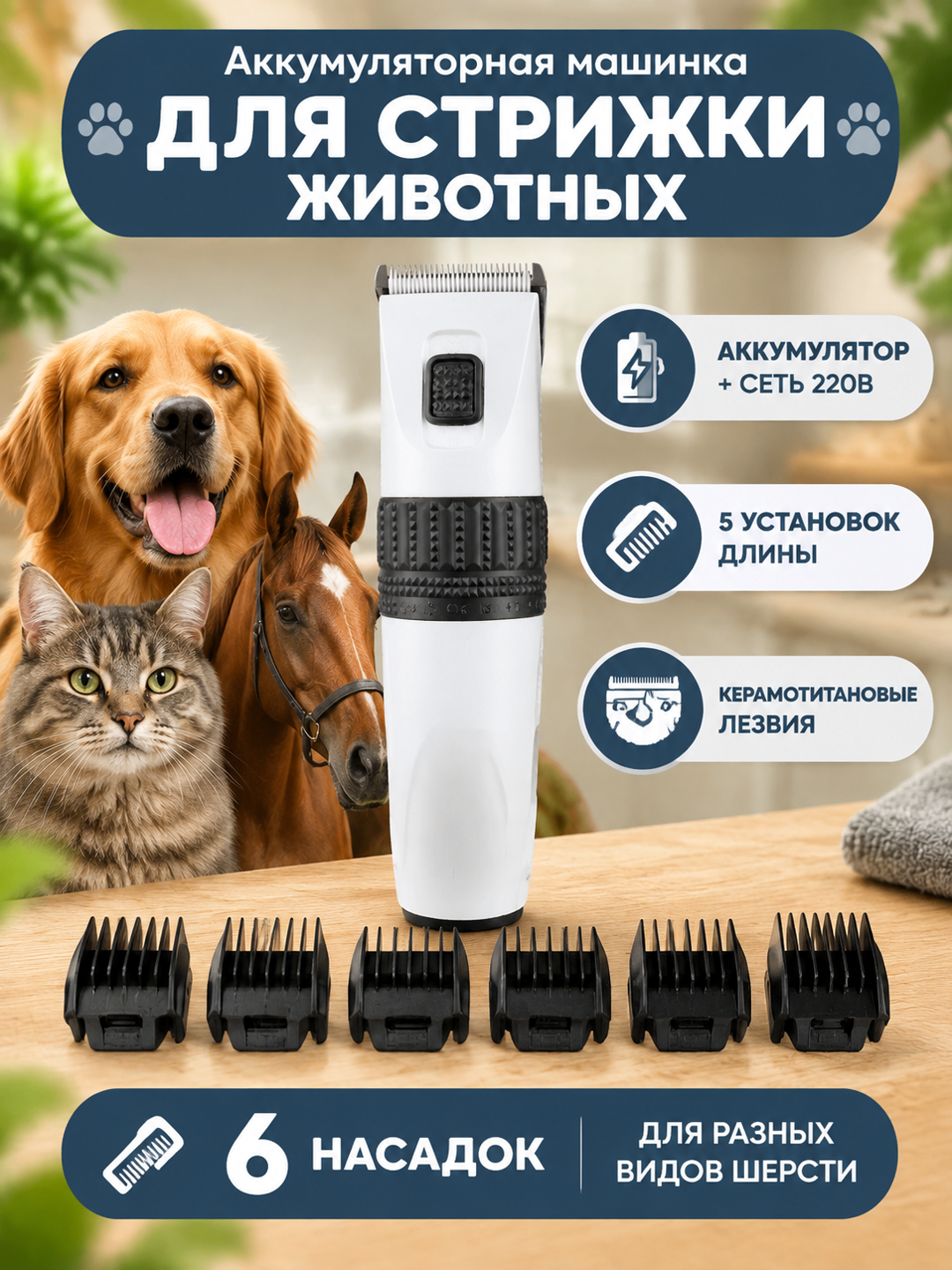 Аккумуляторная машинка для стрижки животных, 6 насадок, 5 установок длины
