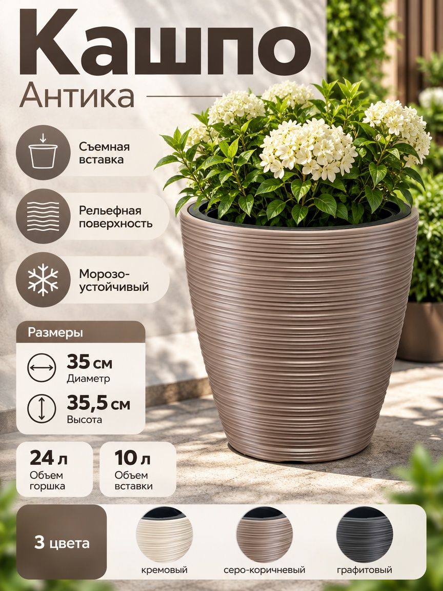 Кашпо для цветов Антика 10л/ д35см х в35,5см/ Серо-коричневый