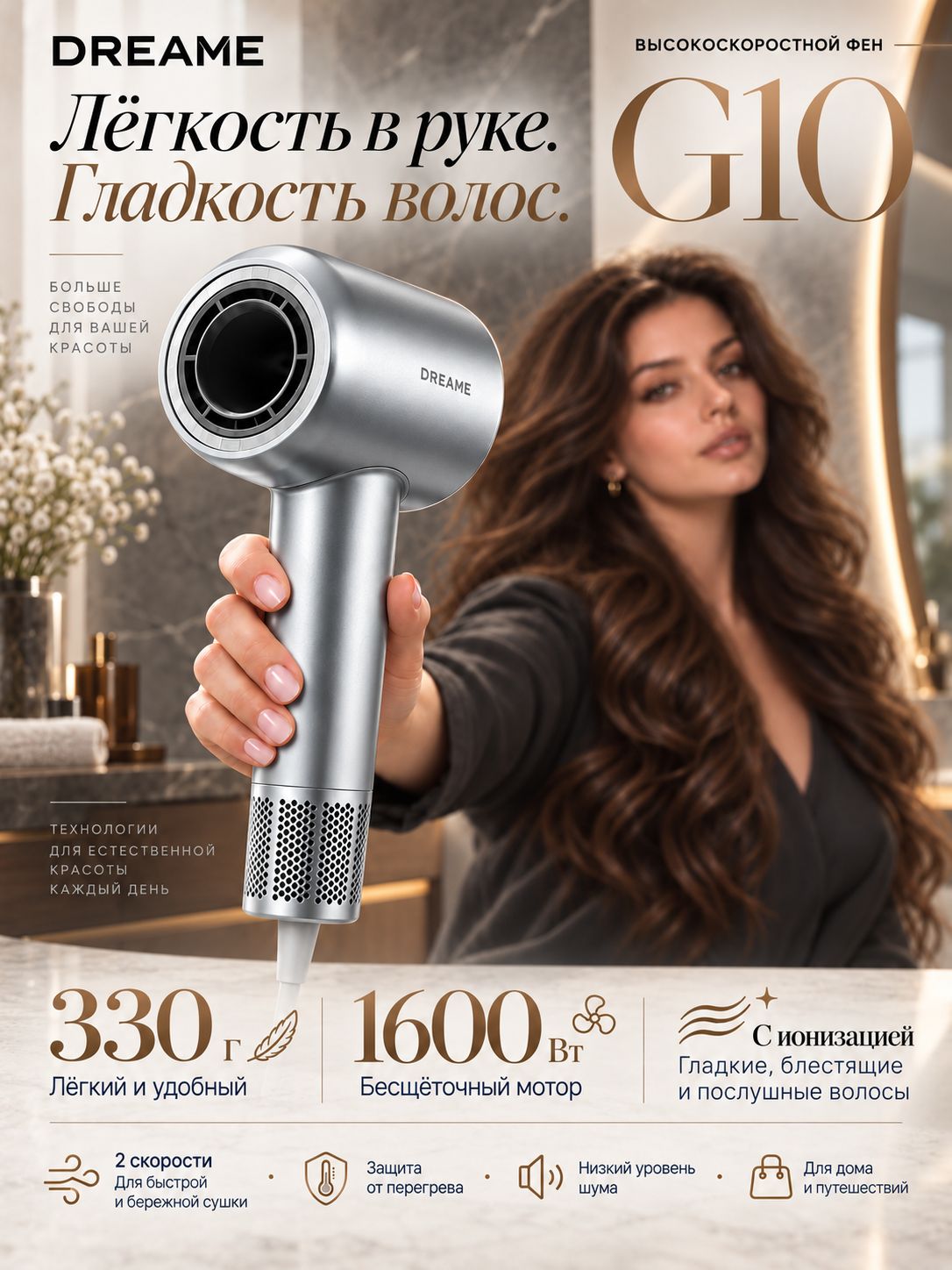 Фен для волос Dreame G10, 1200 Вт, 2 скорости воздушного потока, для сушки и укладки, светло-серый