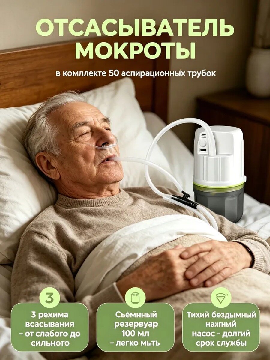 Электрический отсасыватель мокроты для детей и пожилых: 3 режима, резервуар 100 мл
