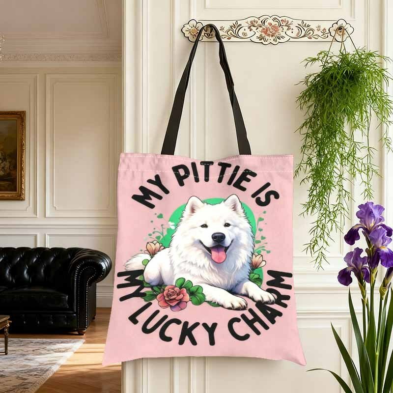 Сумка-шоппер розовая 33×45 см, повседневная плечевая сумка с надписью My Pitbull Is My Lucky Charm, 1 шт.