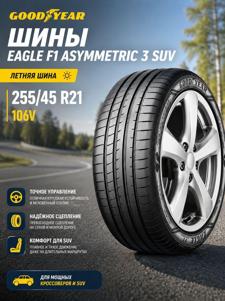 Goodyear EAGLE F1 ASYMMETRIC 3 SUV 255 45 R21 106V гоночная управляемость для кроссоверов