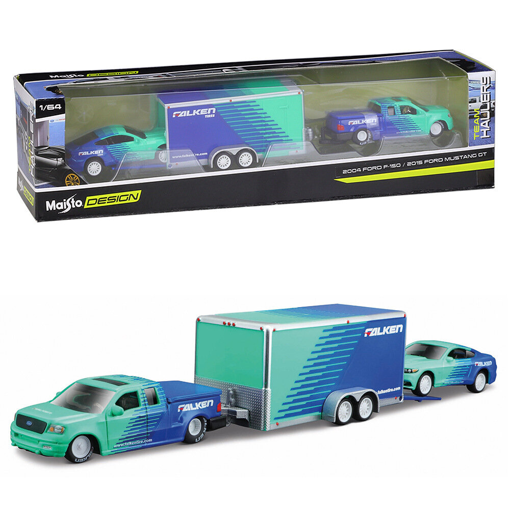 Коллекционный набор Maisto Elite Transport 1:64 — Пикап Ford F-150 (2004) с крытым прицепом и спортивный автомобиль Ford Mustang GT (2015) "Falken Tires", Green / Blue
