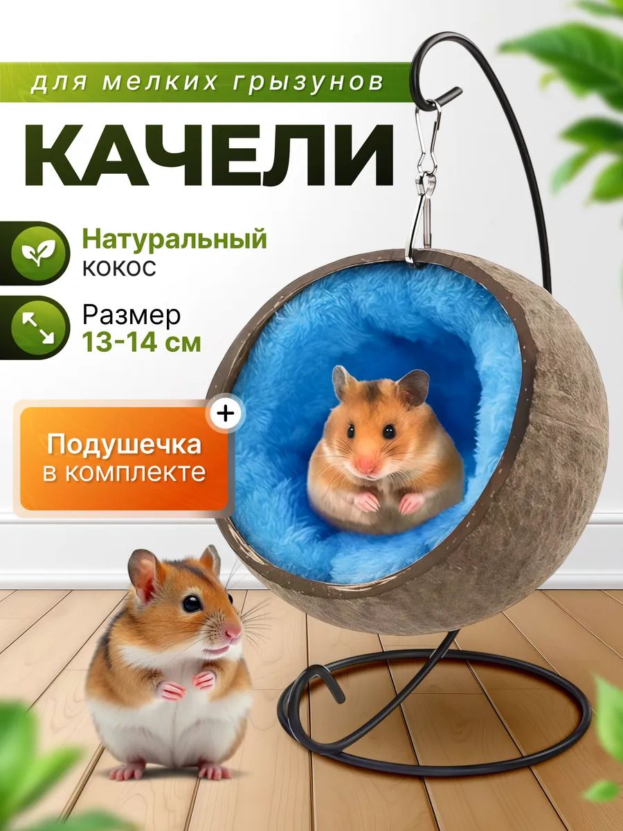 Качели для хомяков и крыс из кокосовой скорлупы, Больше чем просто друг, на подставке, натуральный материал, мягкая подушка в комплекте