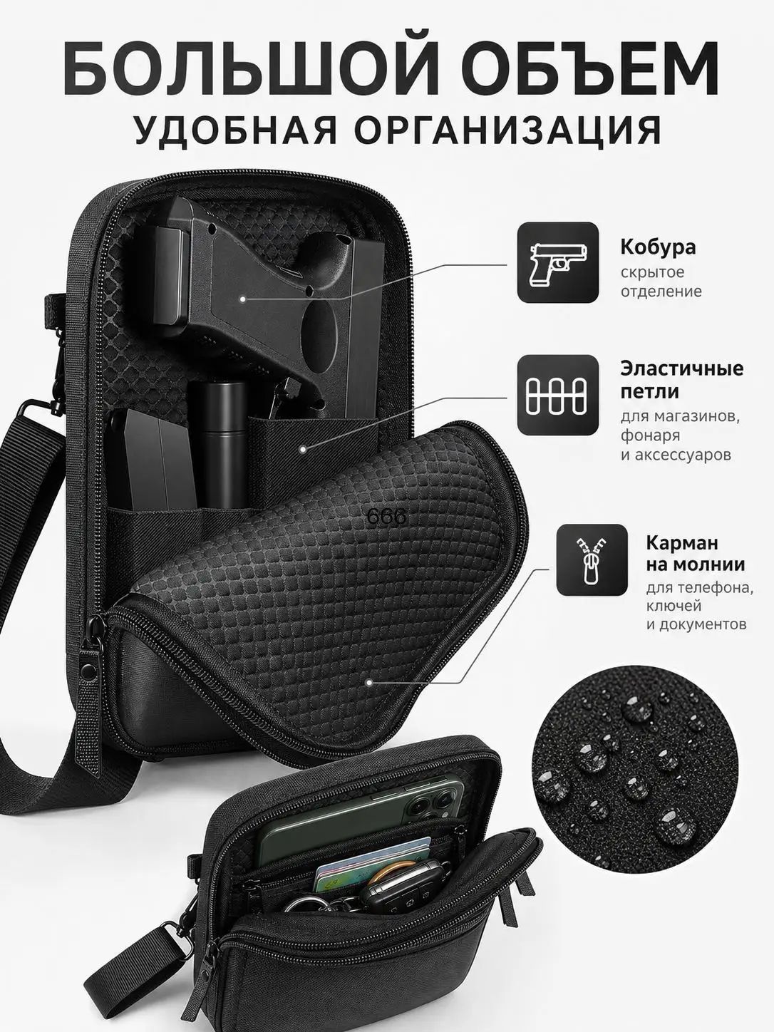 Тактический рюкзак черный нейлоновый для скрытого ношения пистолета модель MZSNSQ-151 малый объем эргономичные лямки — фото 1