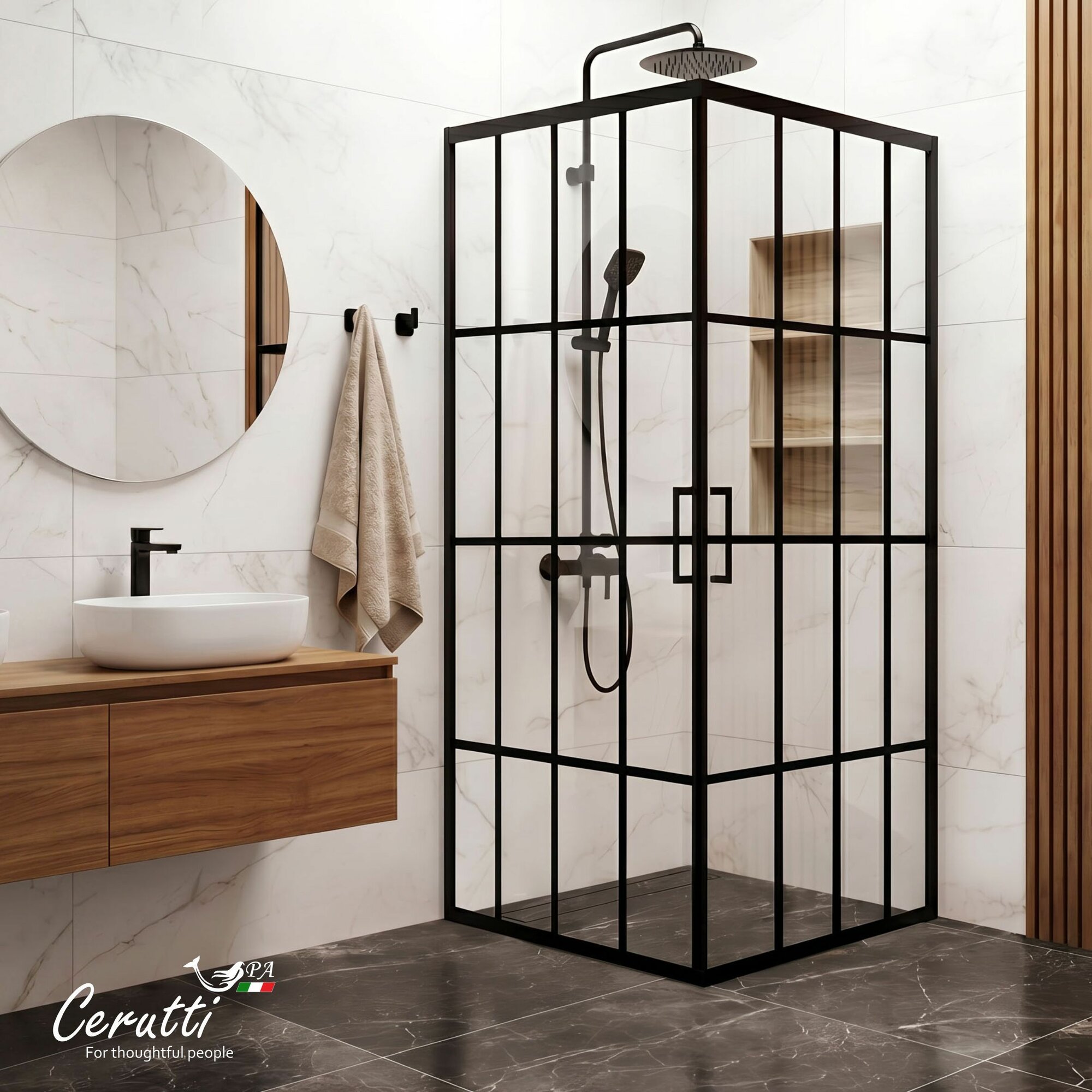 Душевой уголок Ceruttispa Muza 90N 90x90, без поддона, стекло прозрачное, профиль черный матовый