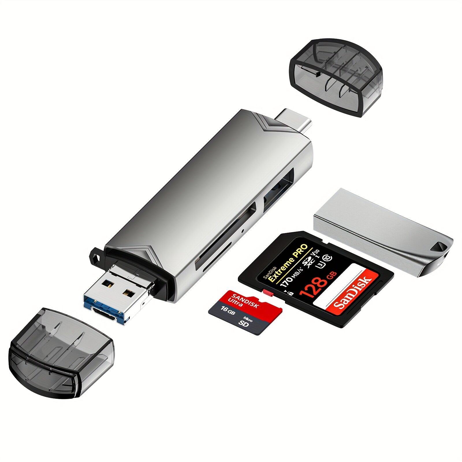 Многофункциональный адаптер OTG 6-в-1 для карт памяти SD и TF, USB 3.0, Type-C, Micro USB, серебристый