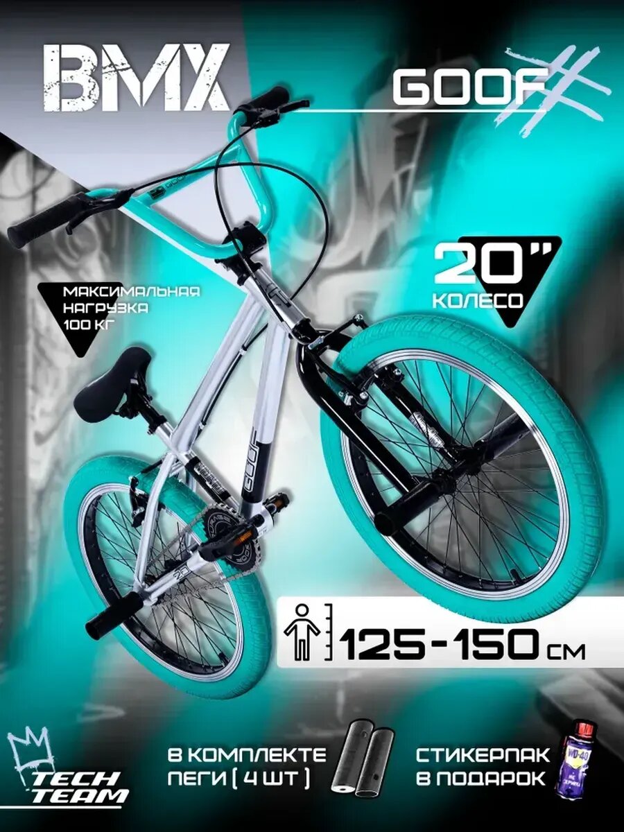 20" Велосипед трюковой BMX TechTeam GOOF, серебро, рама 18,7", рост 120-160 см, экстремальный, городской, подростковый