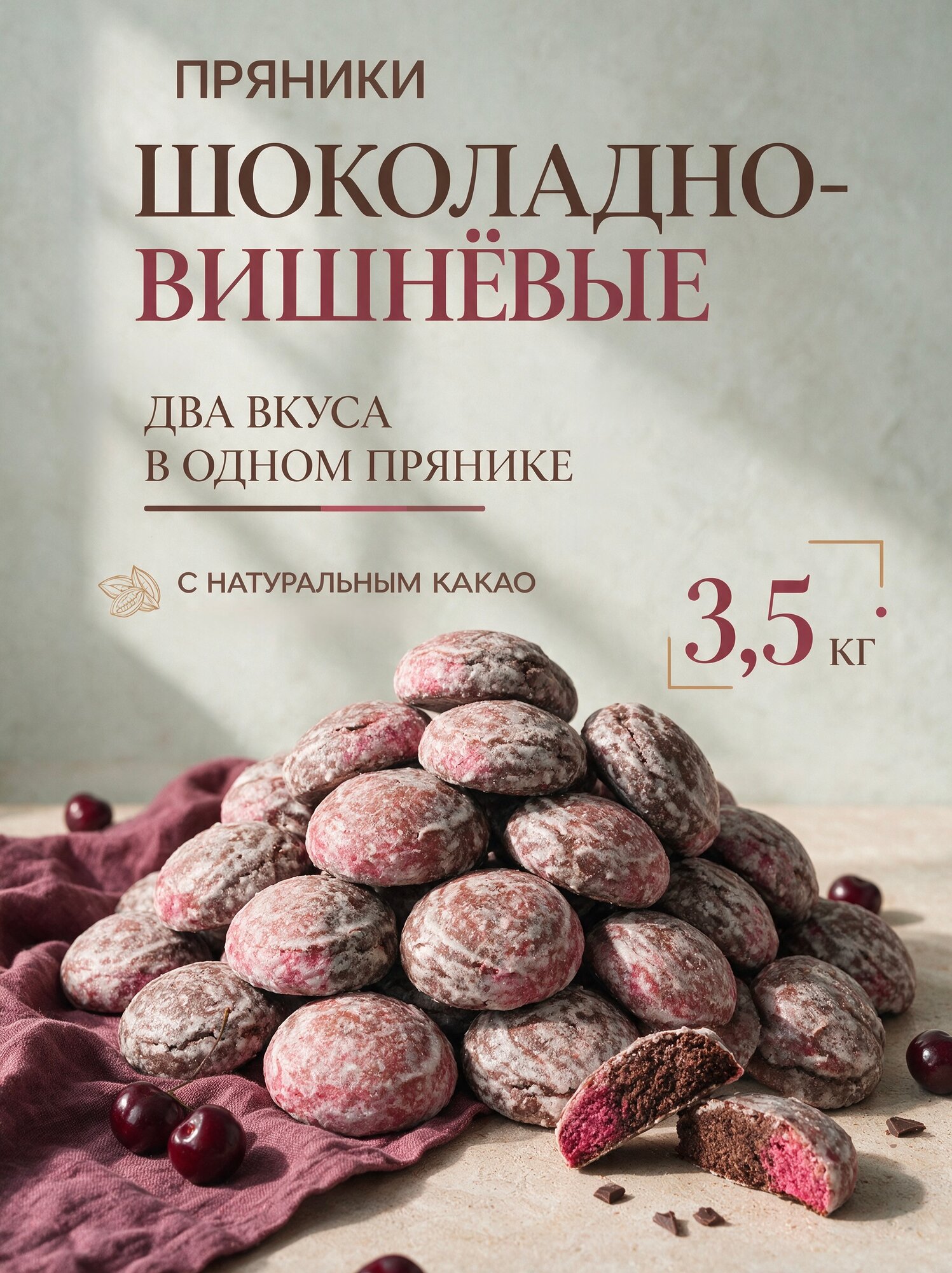 Пряники шоколадно-вишневые Остров Изобилия сырцовые 3,5 кг с натуральным какао