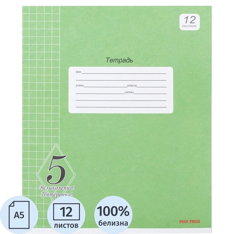 Тетрадь клетка 12л. Великолепно! Пятерка! (Зеленая) (12-8719) офсет