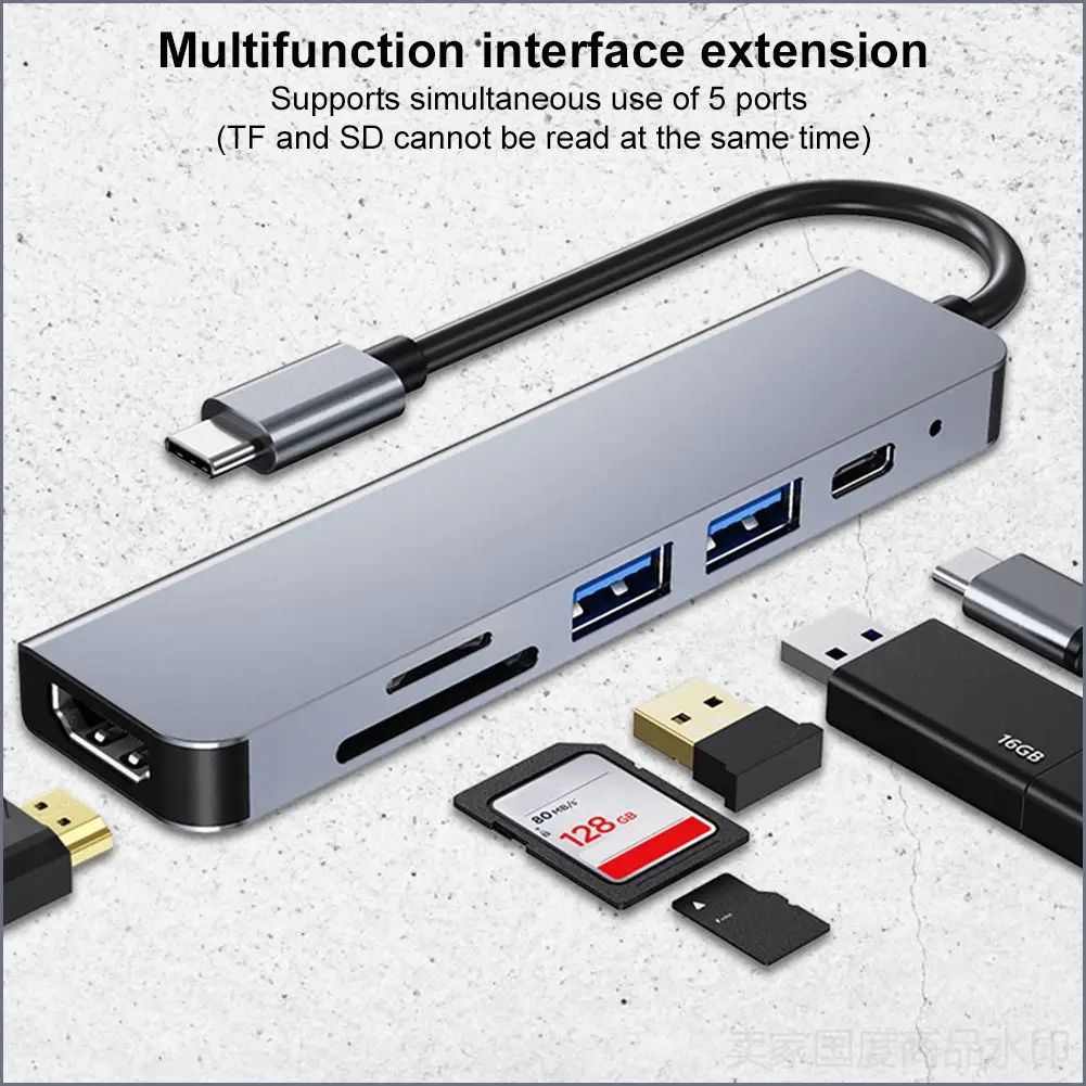 USB-C хаб-адаптер 6 в 1: HDMI 4K, SD/microSD, USB 3.0/2.0, PD 100 Вт
