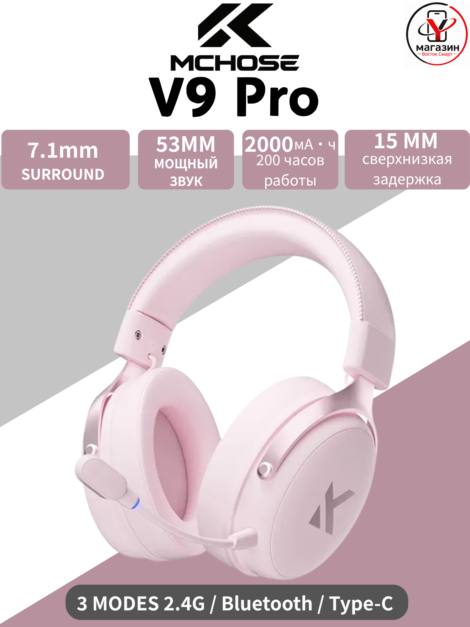 MCHOSE V9 PRO Наушники игровые беспроводные c микрофоном, небесно-белый