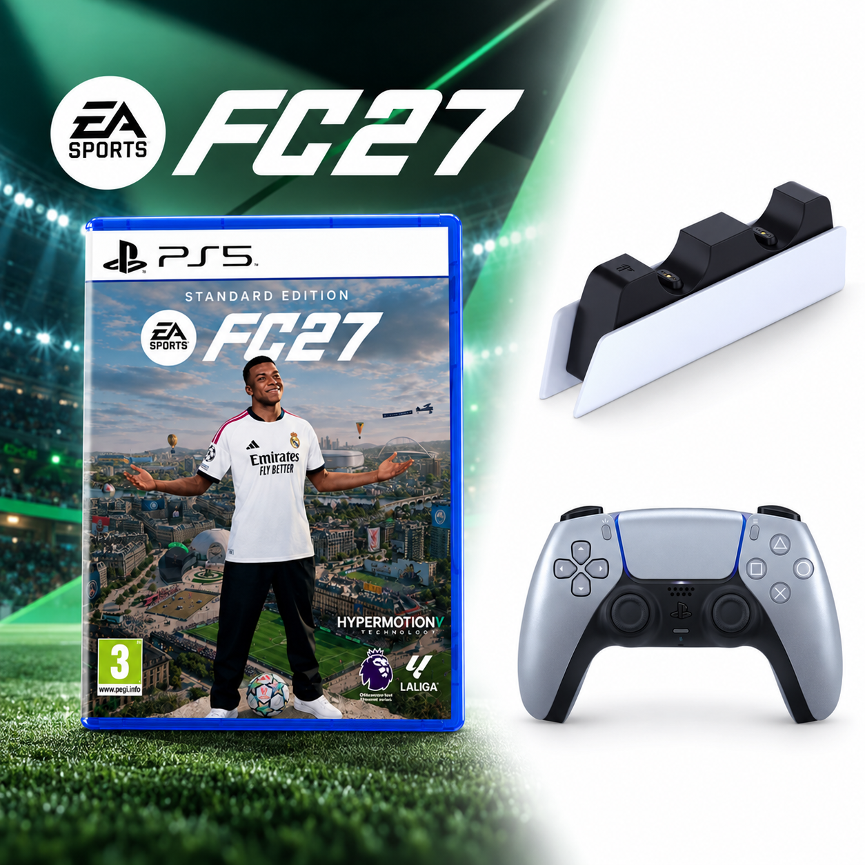Sony DualSense Wireless Controller Sterling Silver для PS 5, +Зарядная станция +FC 27