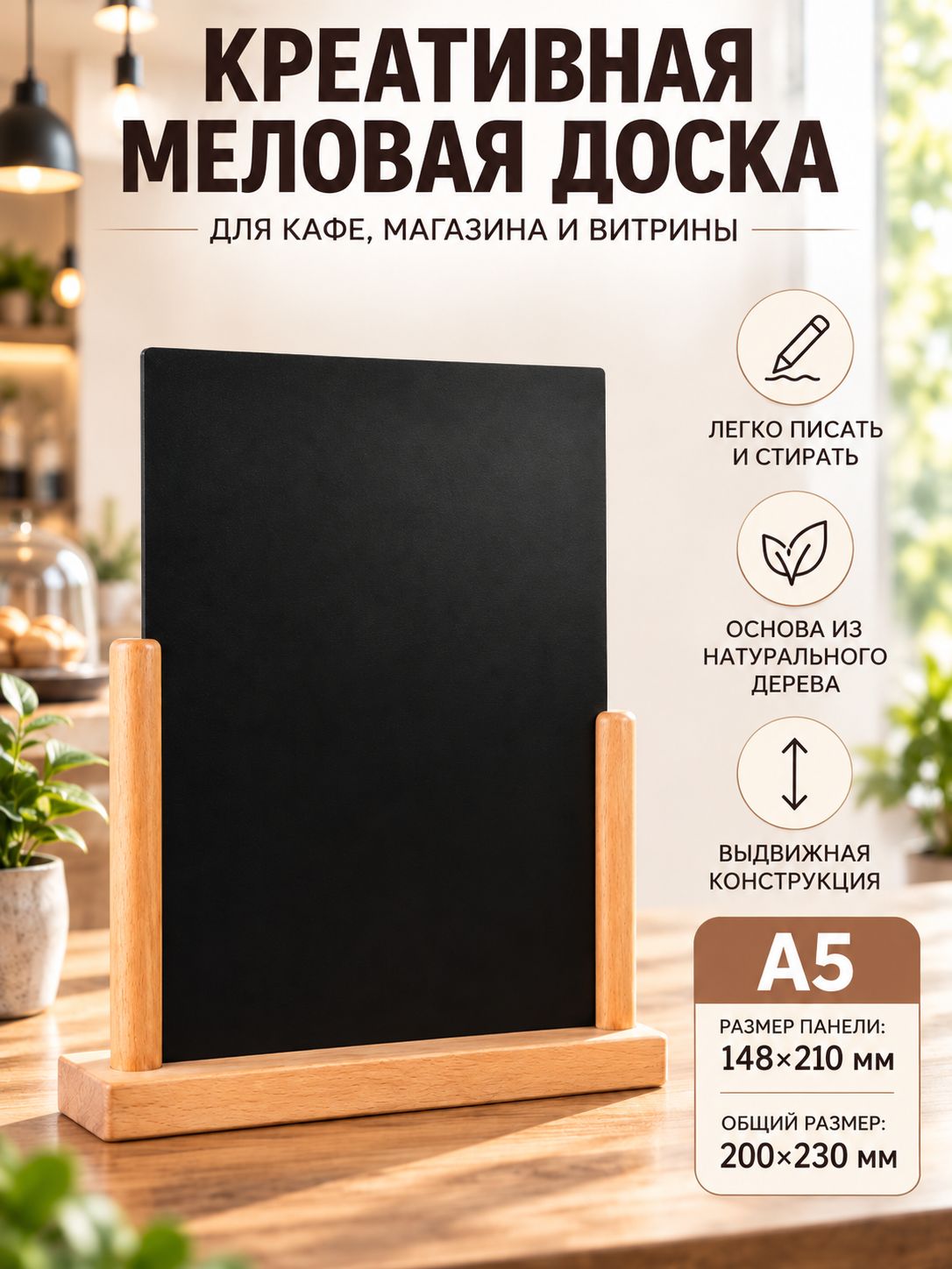 Меловая доска настольная А3, деревянная подставка, для кафе, магазина и витрины, легко писать и стирать