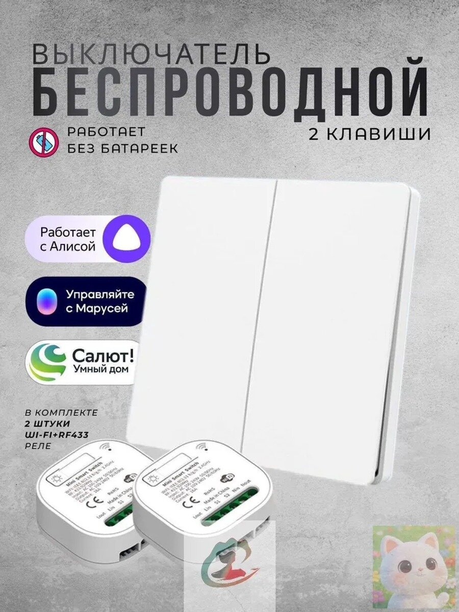 Беспроводной выключатель с Wi-Fi и RF433мГц двухклавишный, умный кинетический беспроводной выключатель + 2шт умное реле