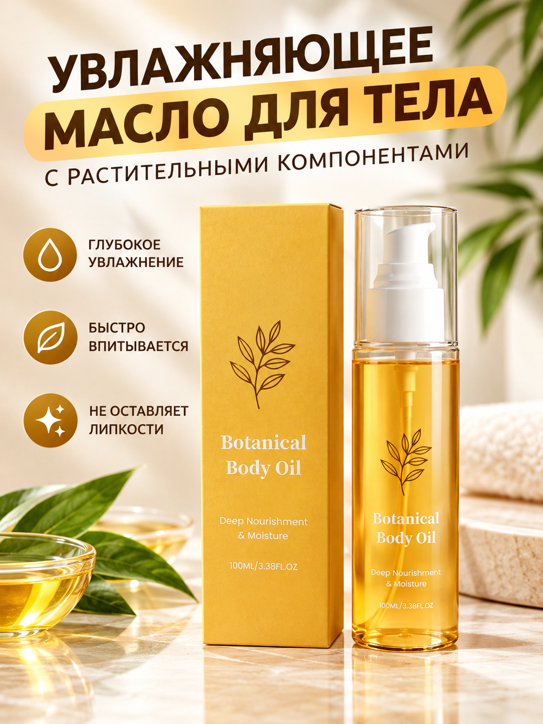 Увлажняющее масло для тела с растительными компонентами, быстро впитывается, не липнет, 100 мл