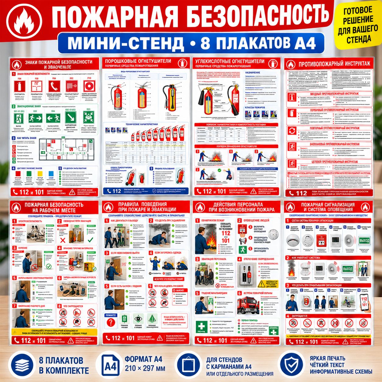 Пожарная безопасность мини-стенд, комплект из 8 плакатов А4, инструкции по пожарной безопасности и эвакуации для организации