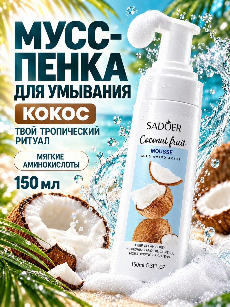Пенка для умывания лица с экстрактом кокоса SADOER, аминокислотный очищающий мусс