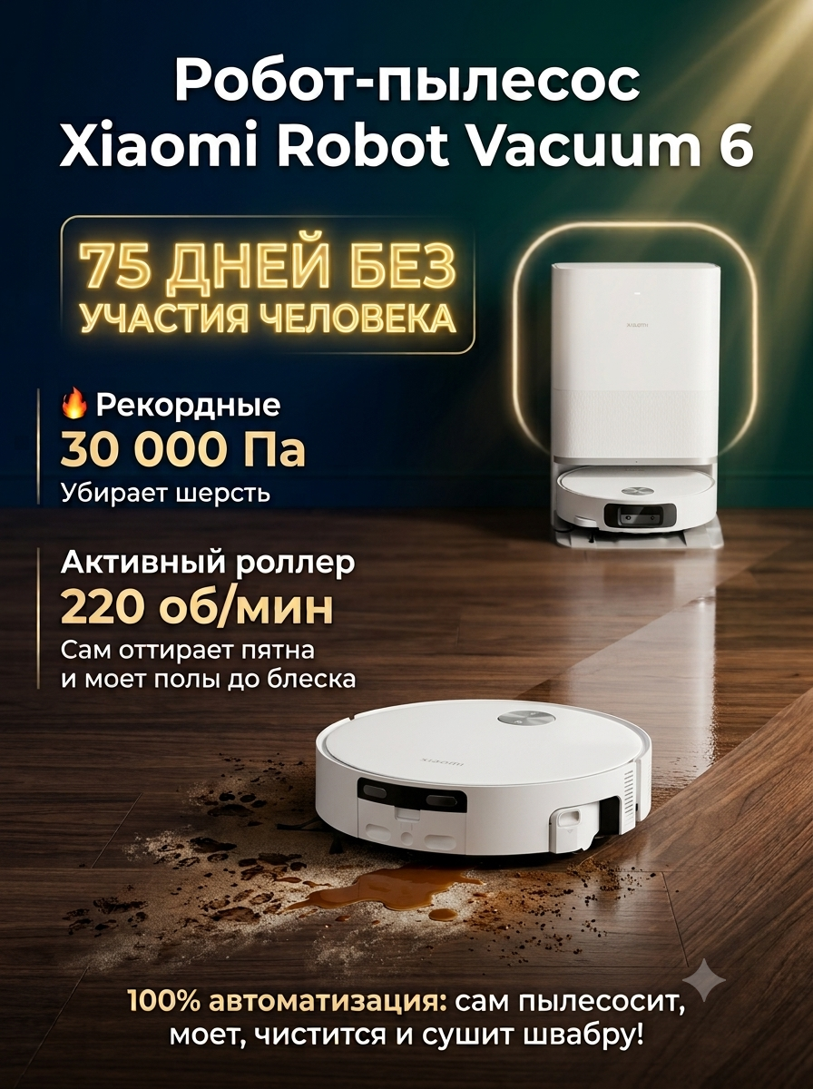 Робот-пылесос Xiaomi Robot Vacuum 6, со станцией самоочистки, сухая и влажная уборка, белый (BHR08ZTEU)