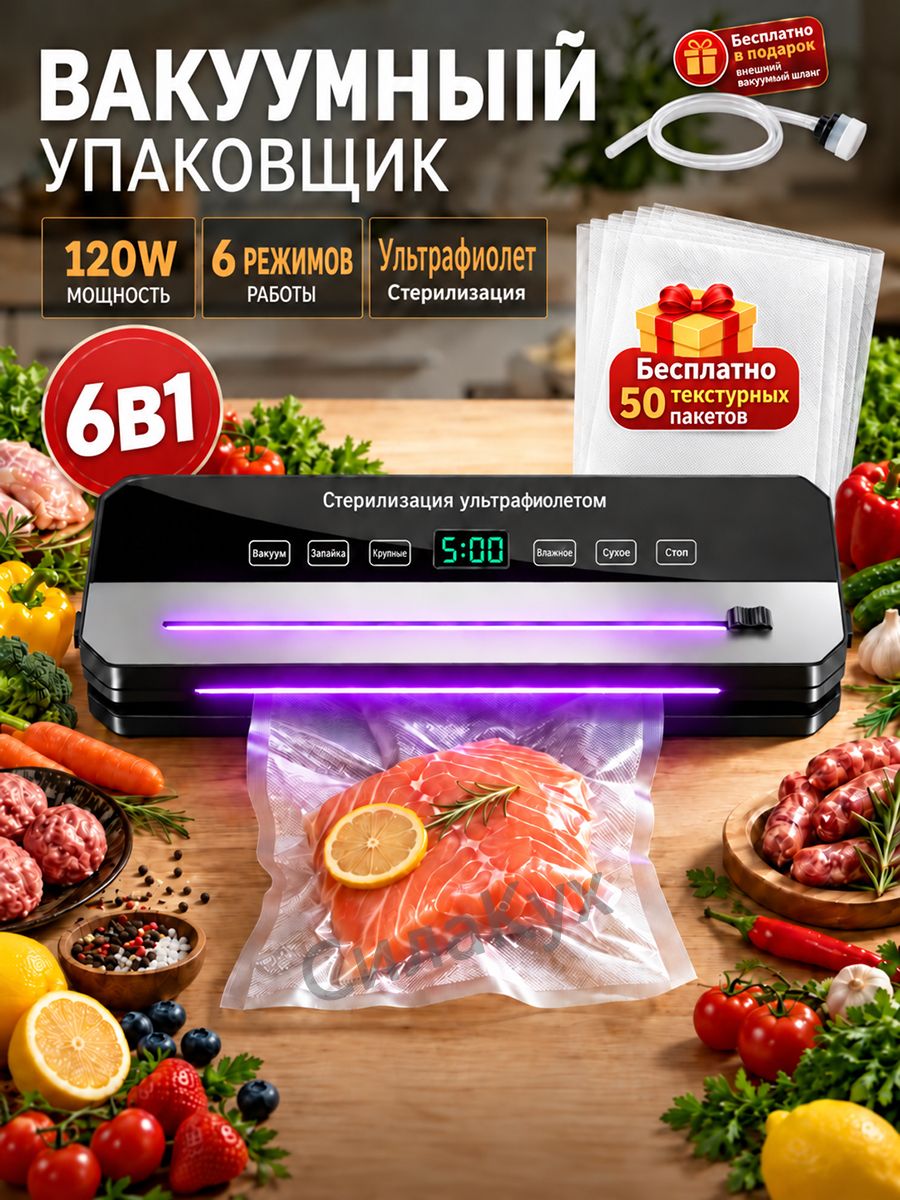 Вакууматор для продуктов автоматический (вакуумник) с резаком, УФ-стерилизация, 50 пакетов