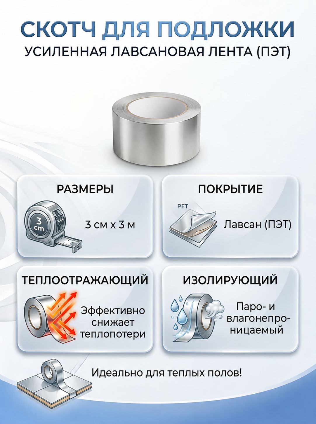 Скотч для склейки подложки, отражающий тепло, изолирующий 30мм3м (лавсановое покрытие)