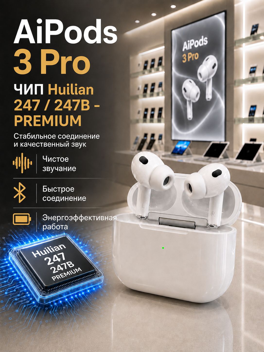 Наушники беспроводные с микрофоном, Bluetooth, USB Type-C, белый, прозрачный