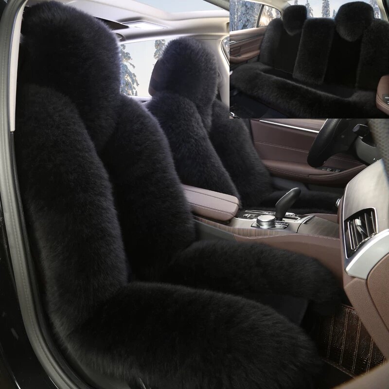 Зимний флисовый чехол для сидений автомобиля на 5 мест - Теплый густой шерстяной материал, черный цвет