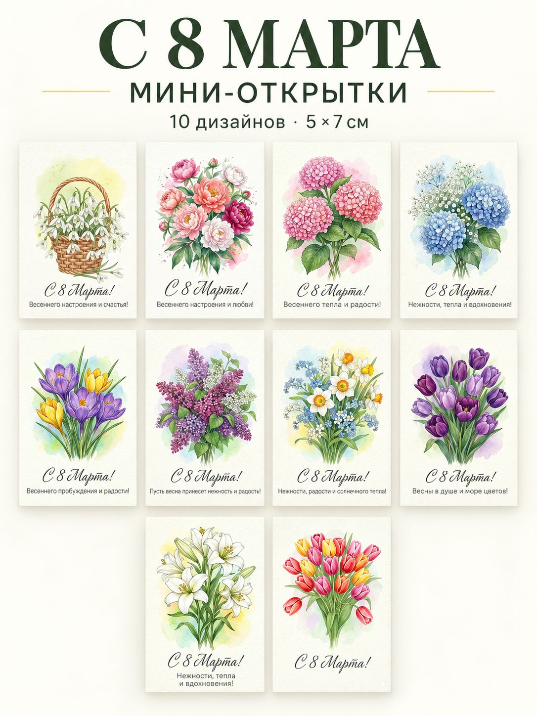Мини-открытки на 8 Марта с пожеланиями, цветы в стиле ретро, набор 10 шт, 5х7 см