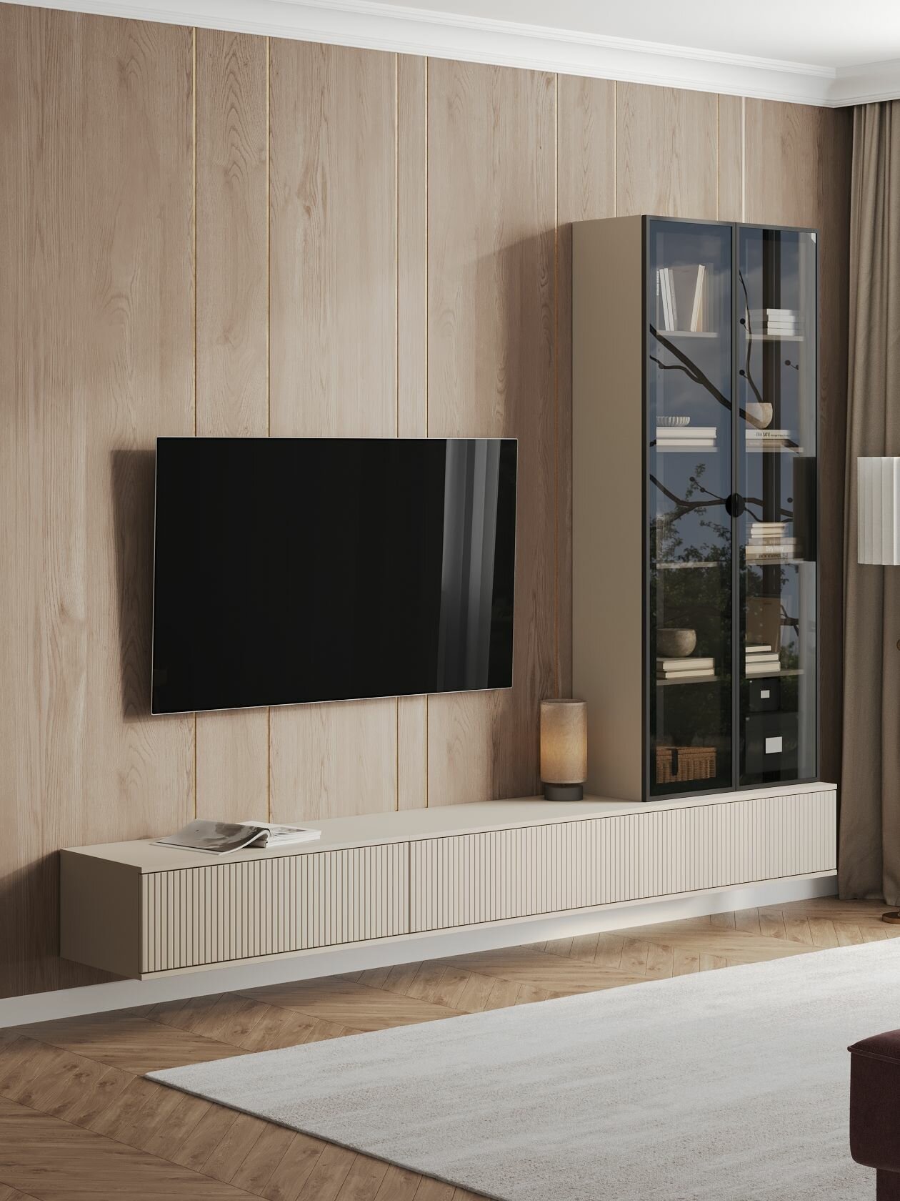 Гостиная комплект Амели Гласс, тумба под телевизор 2 шт, шкаф-витрина, Кашемир