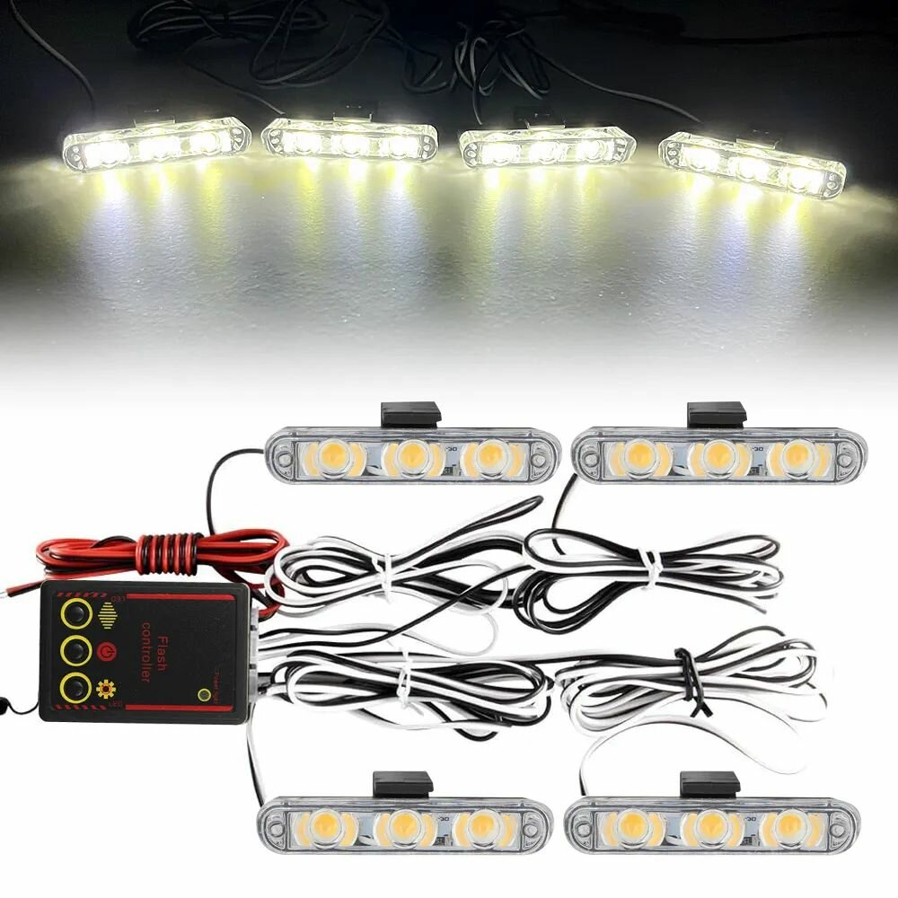 Белый светодиодный стробоскоп на передней решетке радиатора автомобиля, Аварийные сигнальные огни полиции, светодиодная сигнальная лампа-вспышка, дневные ходовые огни 12 В