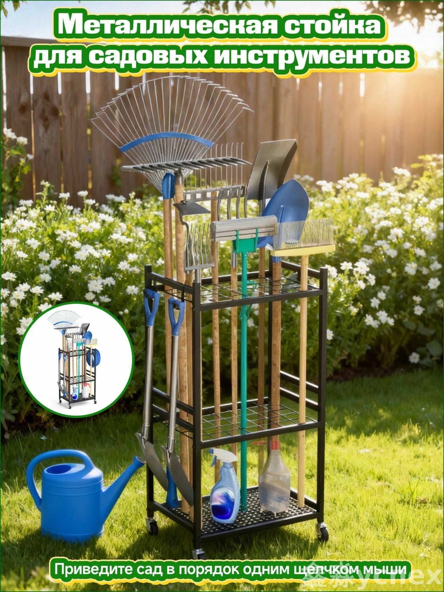 Эксклюзивный органайзер для садового инвентаря, лопат и граблей надежно размещается на стене