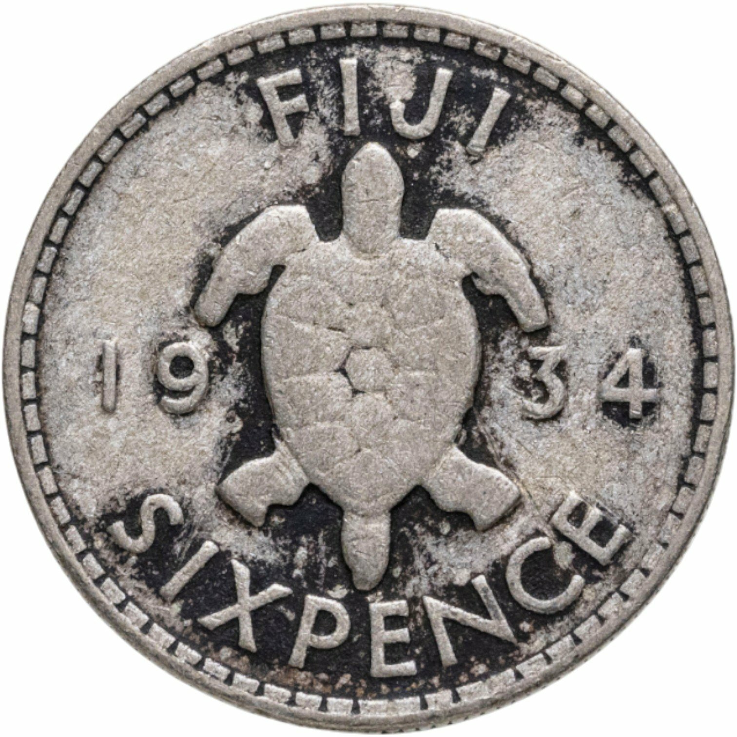 Фиджи 6 пенсов pence 1934, Серебро 500, в сохранности F-VF