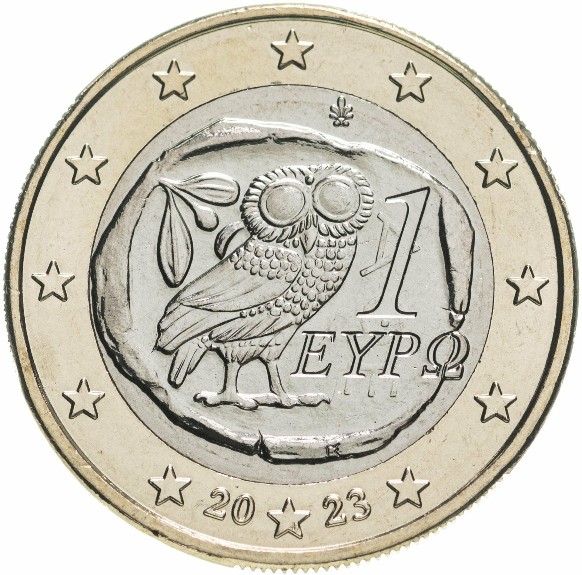 Греция 1 евро 2023 филин, Биметалл, в сохранности UNC