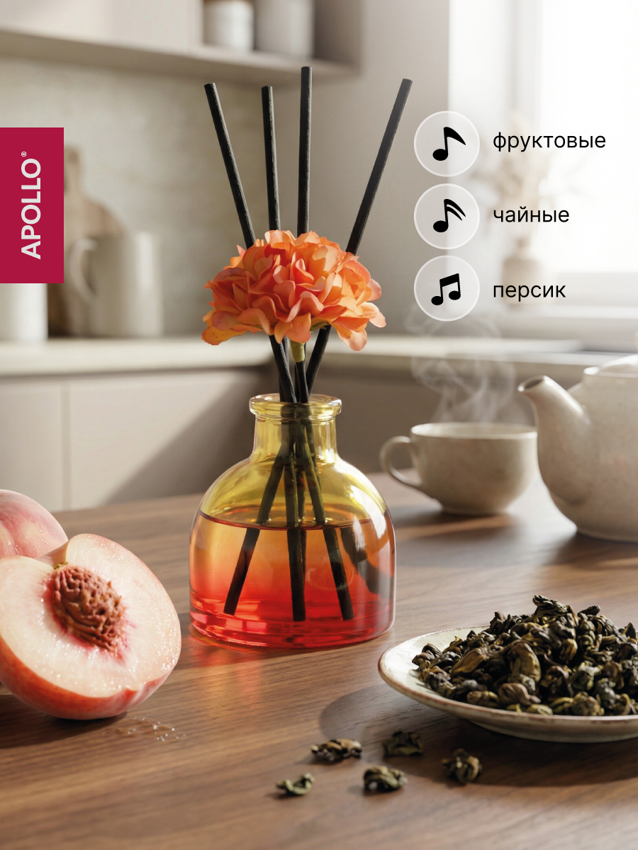 Аромадиффузор с палочками Apollo, белый персик и улун, объем 40 мл