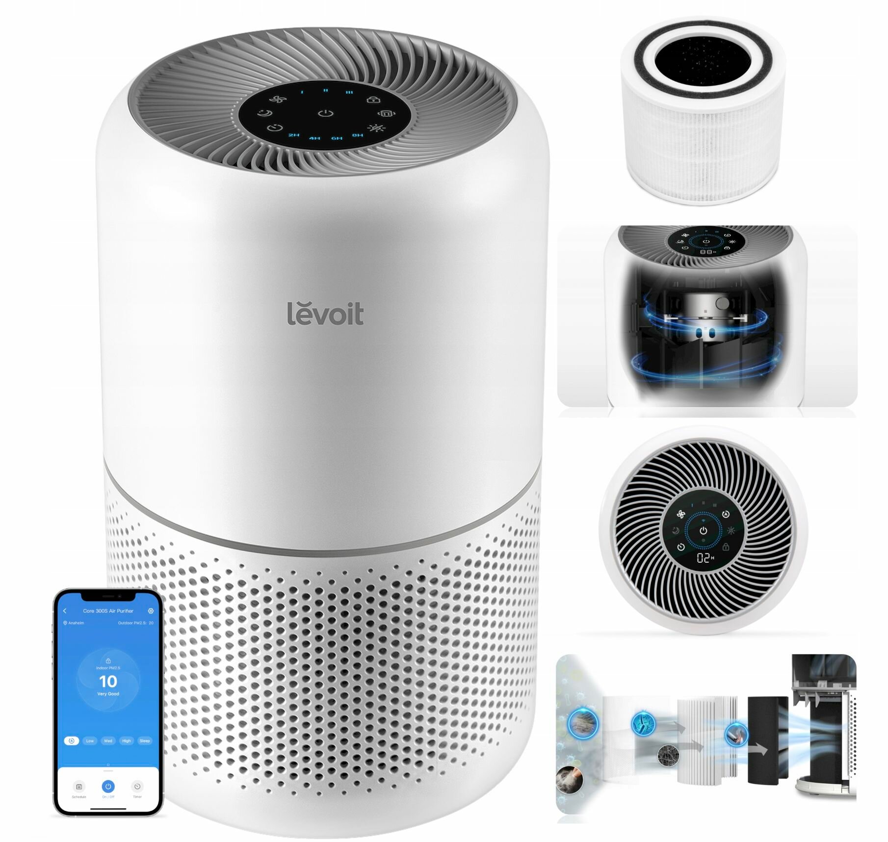 Очиститель воздуха Levoit Core 300S HEPA, защита от смога и дыма, интеллектуальный, Wi-Fi, автоматический режим, 50 м2