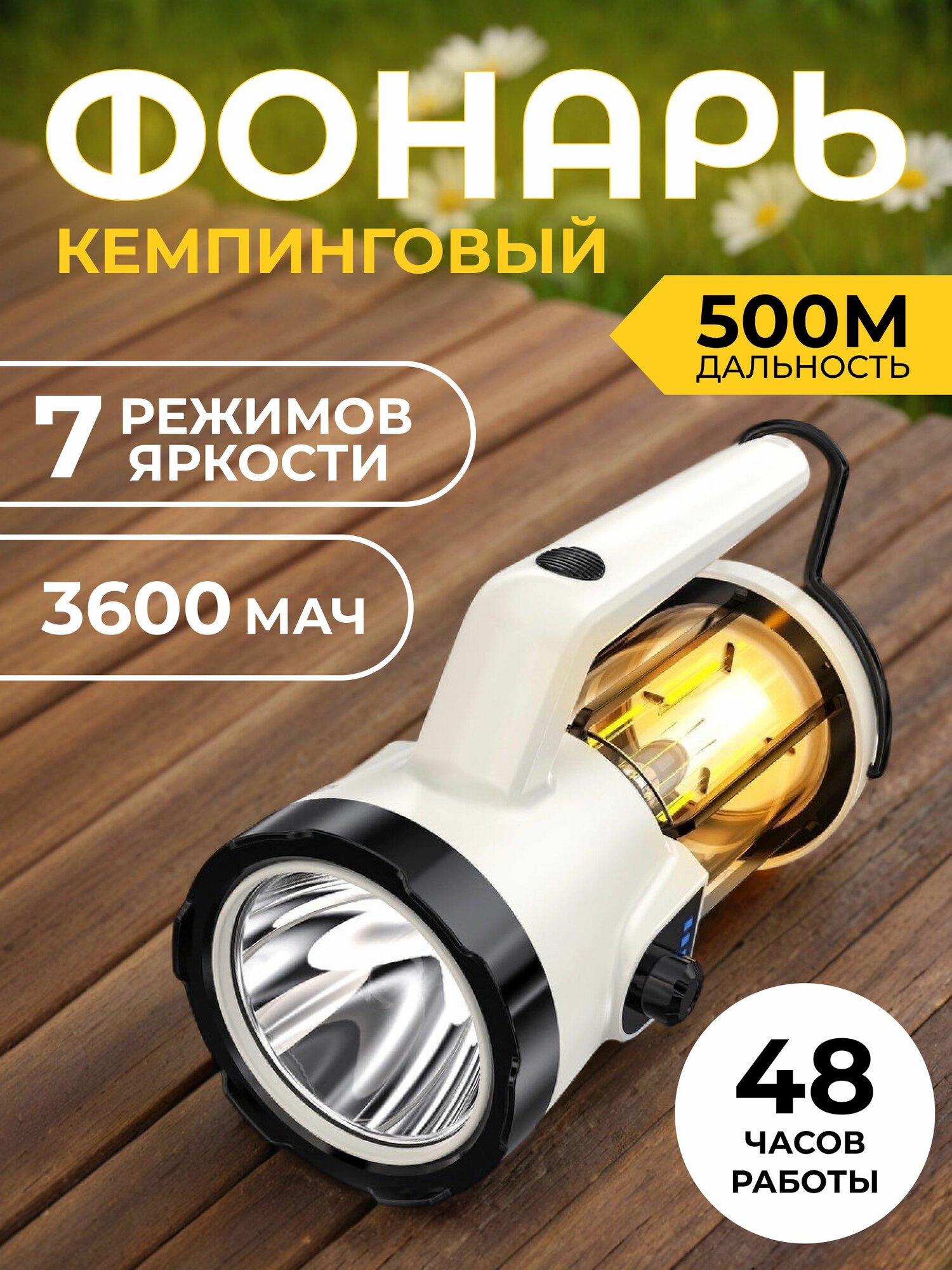 Фонарь аккумуляторный кемпинговый с монокуляром мощный портативный прожектор светодиодный уличный