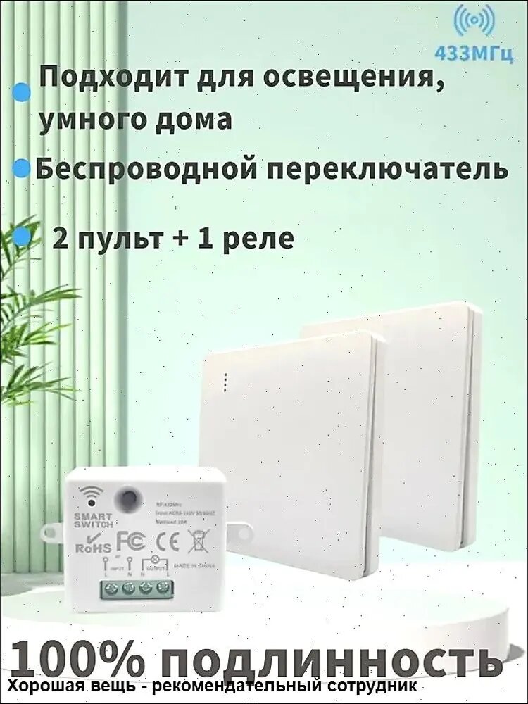 Беспроводной двухканальный дистанционный выключатель света с двумя кнопками 433 МГц 220В с приемником