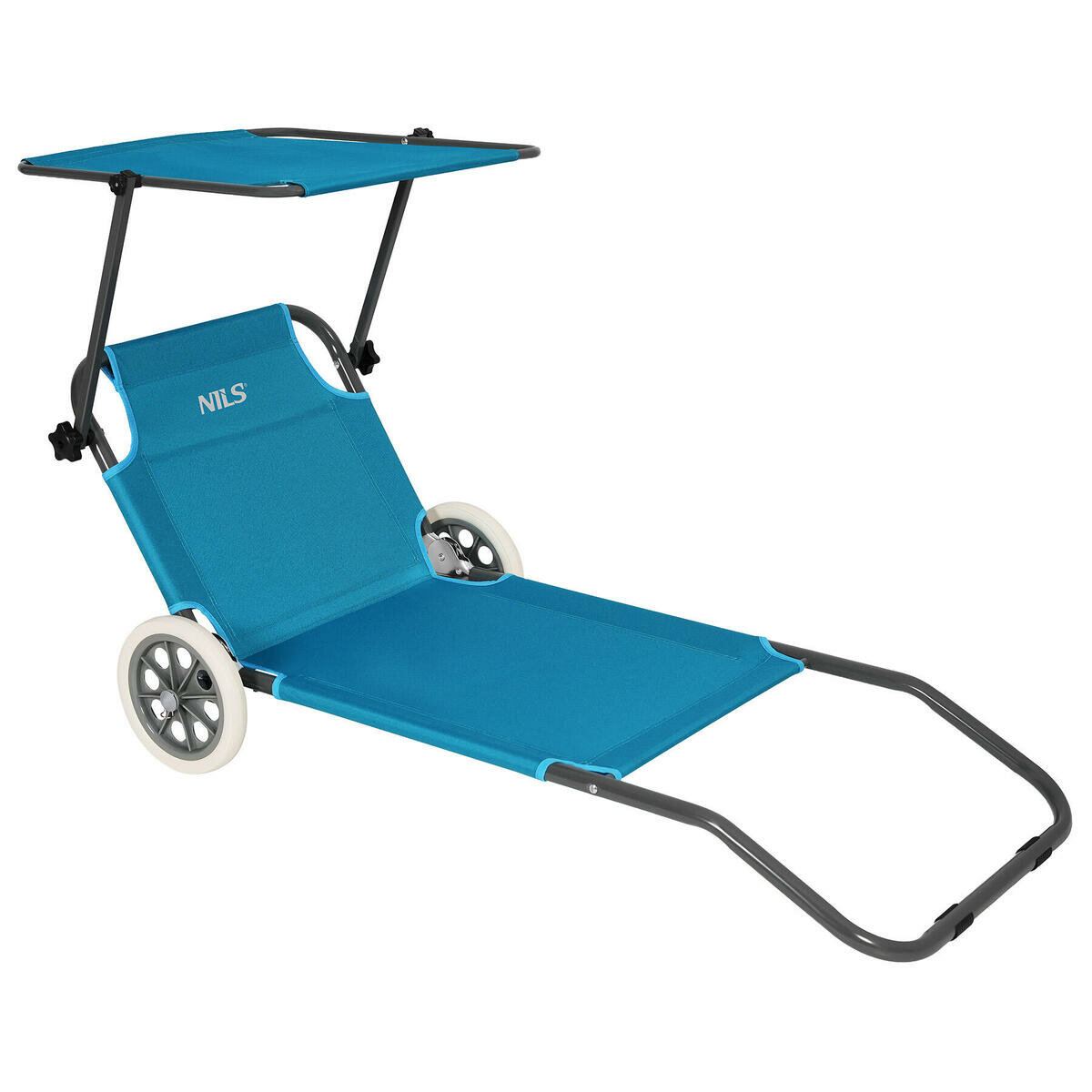 Decathlon Складной шезлонг Nils Camp NC3307 - с козырьком, на колесах, макс. нагрузка до 110 кг, складной. Цвет синий